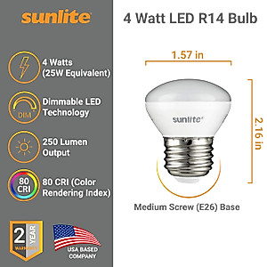 Sunlite 80431 LED R14 Mini Reflector Floodlight Light Bulb, 4 Watts (25W Equivalent), 250 Lumens, Medium (E26) Base, Dimmable, ETL Listed, 2700K Soft White, 1 Count