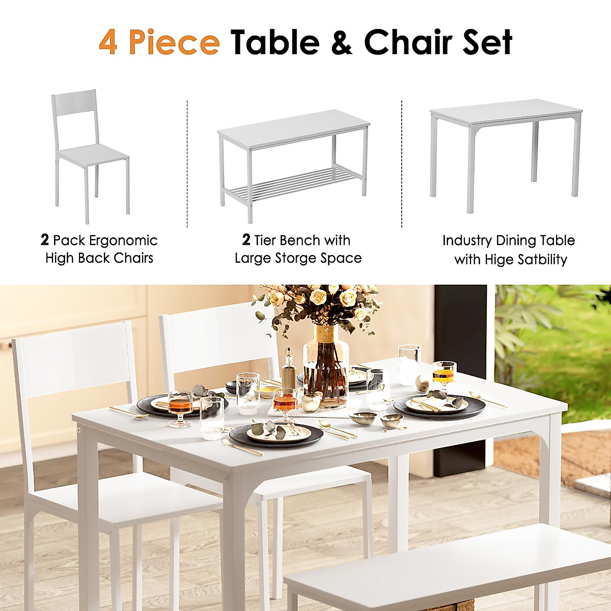 sogesfurniture 4 Piece Dining Table Set, Dinette Set Kitchen Table with Bench and Chairs, Kitchen Dinner Table with Benches for 4, Includes Table, 2 Chairs & Bench,White