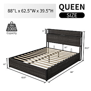 LUXOAK Queen Size Lift Up Storage Bed, Wood Platform Bed Frame with Storage Headboard & Charging Station, No Box Spring Needed, Easy Assembly, Black