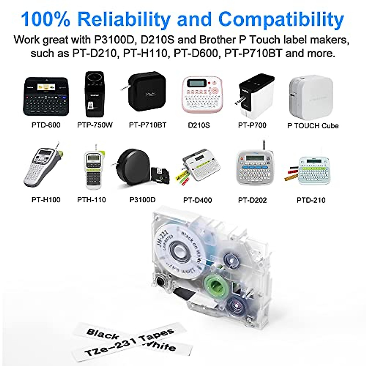MarkDomain Replacement for Brother TZe-231 TZ-231 P Touch TZe TZ Tape 12mm 0.47 inch Laminated Black on White Label Tape, Compatible with Brother PT-D210 PT-D220 PT-H110 PT-D600 Label Makers, 3-Pack