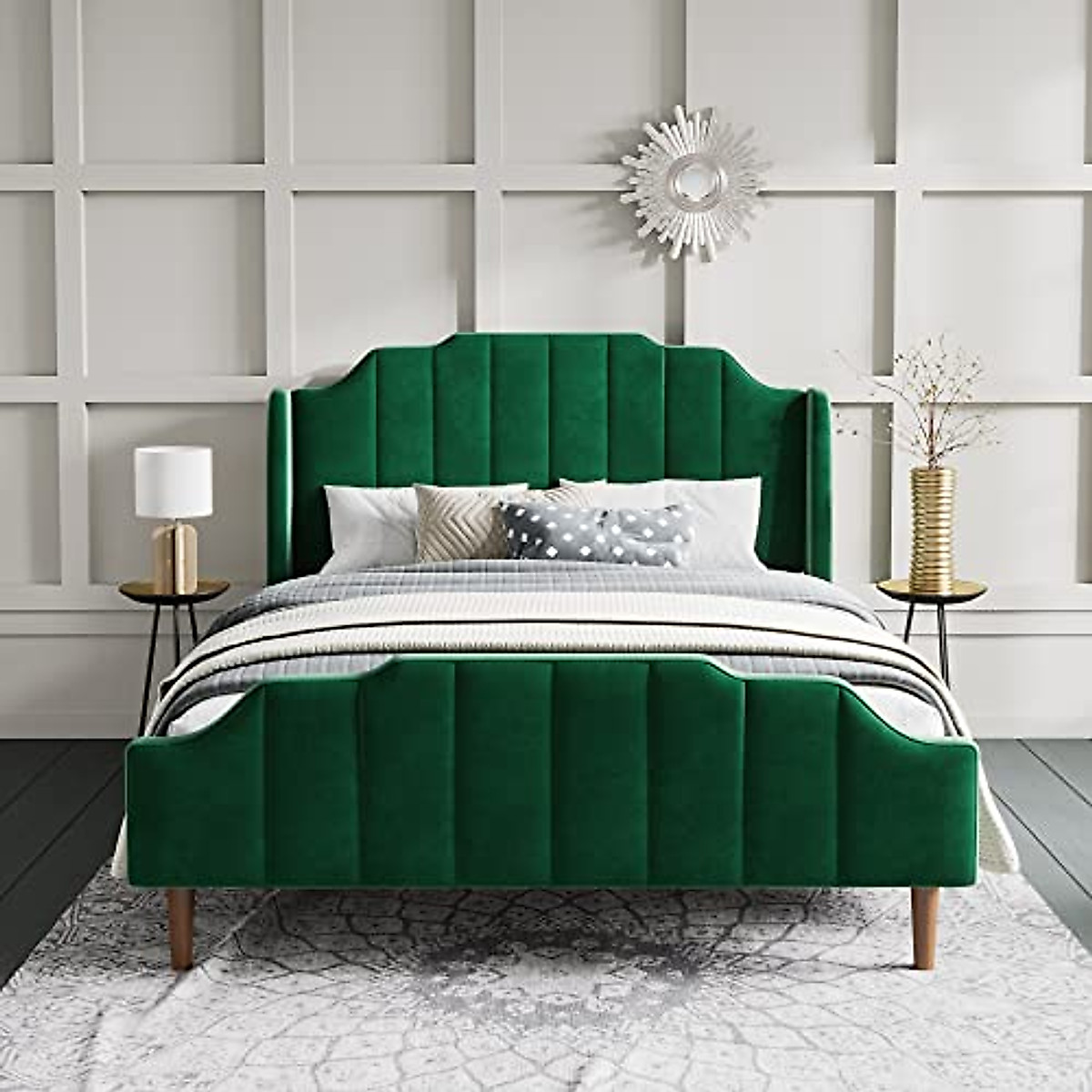 SHA CERLIN Wood Queen Size Bed Frame with Modern Curved Upholstered Wingback Headboard / Heavy Duty Platform Bed with Strong Wood Slat Support / Green