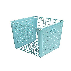 Spectrum Diversified Macklin, Stamped Steel & Wire Basket for Closet & Cubby Storage Vintage-Inspired Design with Customizable Label Plate, Large, Teal