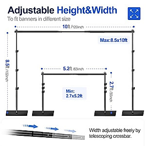 EMART Heavy Duty Backdrop Stand 8.5x10ft(HxW) Adjustable Background Support System Kit with Steel Base for Photography, Photo Backdrop Stand for Parties Birthday Video Studio - Black