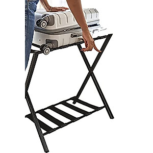 Folding Luggage Rack Suitcase Stand with Storage Shelf for Guest Room Bedroom Hotel, Black (1)