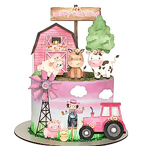 Pink Farm Cake Toppers for Farm Animals Birthday Decoration 14 Pcs Farm Animals Cake Becorations Birthday Party Supplies Cow Birthday Party Supplies