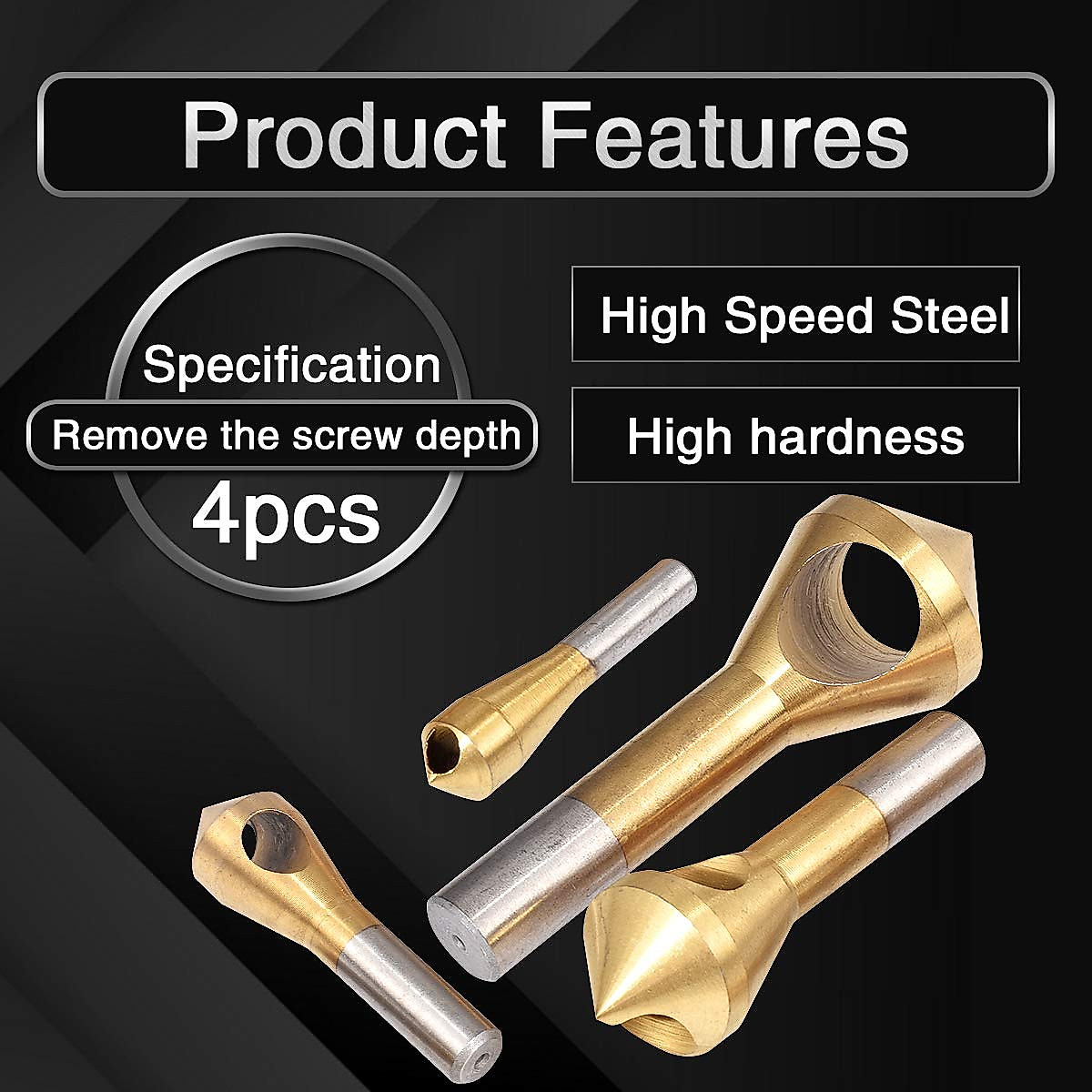 KATUR 4Pcs High Speed Steel Single-End Countersink, Deburring Drill Bit Set for Metal, 90 Degree Point Angle, 6/8/10/12mm Round Shank, 2-5, 5-10, 10-15, 15-20mm 4 Sizes Head Diameter(Gold)