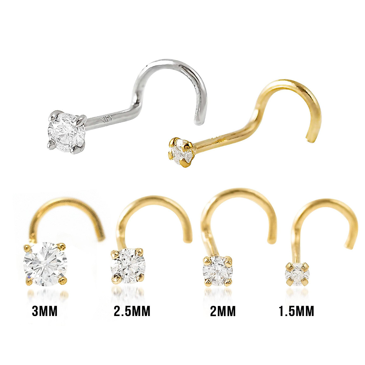 Solid 14Kt Gold Moissanite Stud Nose Ring - 22G Nose Screw Stud - Twisted Nose Ring - April Birthstone Nose Stud-NSWG-MNT3