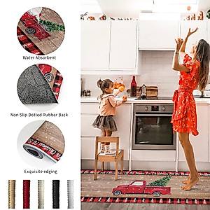 Arts Print Buffalo Plaid Kitchen Rug Mat Set of 2,Christmas Red Truck with Christmas Tree Retro Wood Grain Runner Rug,Non-Slip Durable Kitchen Floor Mat for Sink,Bathroom,15.7x23.6Inch+15.7x47.2Inch