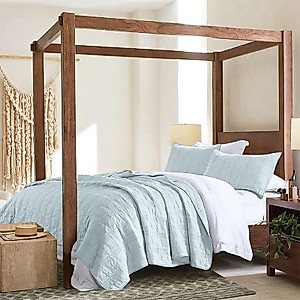 100% Cotton Quilt Set Queen Size, Baby Blue Pre-Washed 3-Piece Bedspread Coverlet Set, Cozy Lightweight Stitching Decorative Bedding Cover with 2 Shams in Geometric Pattern Rustic Style for All Season