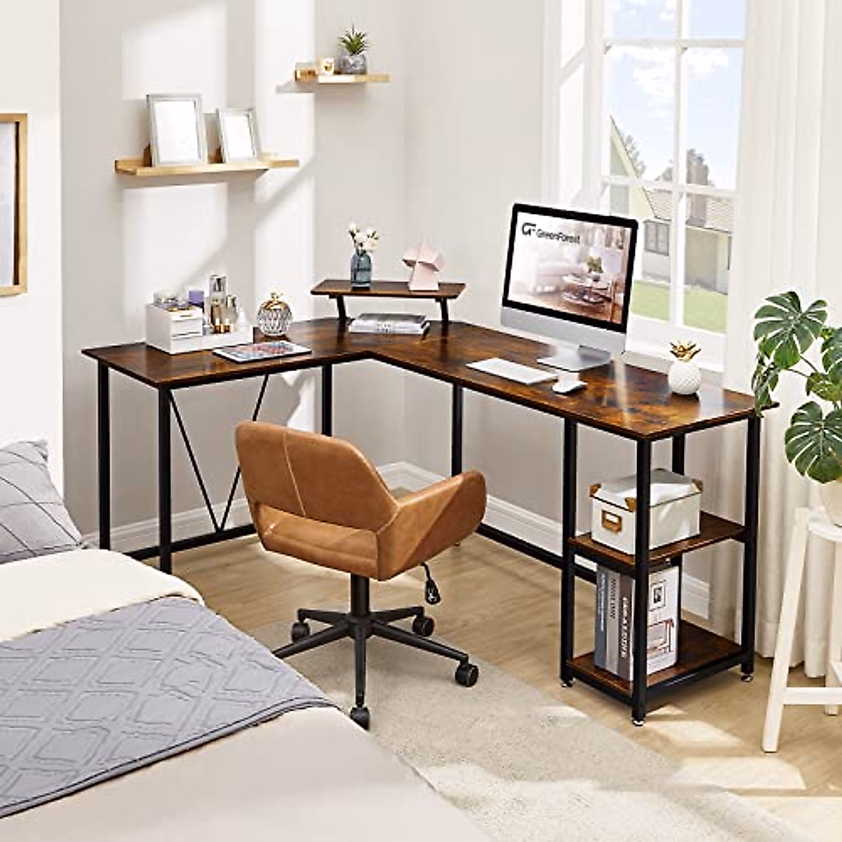 GreenForest L Shaped Computer Desk with Monitor Stand 66 inch Large Corner Computer Desk with Storage Shelves for Home Office Pc Workstation Writing Desk,Brown