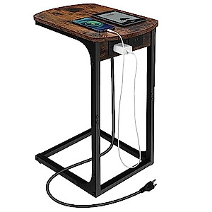Hzuaneri L Shaped End Table with Charging Station, Bed Side Table with USB Port & Outlet, Couch Table, C Snack Table for Living Room, Bedroom, Rustic Brown and Black ET04901B
