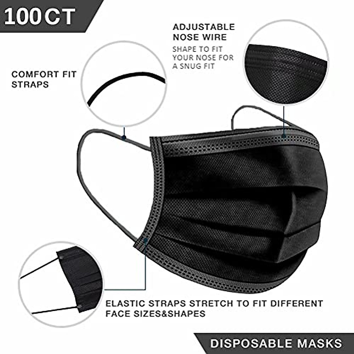 100 Pcs Black Disposable Face Masks - Adults Protective Masks, 3 Ply Breathable Non-Woven Face Mask