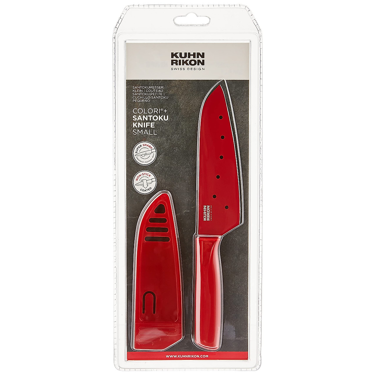 Kuhn Rikon Colori Santoku Knife with Safety Sheath, 5 inch/12.70 cm Blade, Red