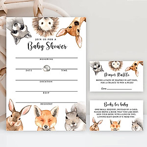 Yuzioey Woodland Baby Shower Invitations, 25 Pack Boy Woodland Invitations Macthing Envelpoes, Diaper Raffle Tickets, Book Request Cards