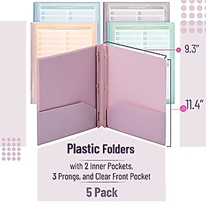 Mr. Pen- Plastic Folders with Clear Front Pocket, 5 pcs, Pastel Colors, Pocket Folders, Plastic Folders for Documents, Plastic Folders with Pockets, File Folders with Fasteners, Folder with Pockets