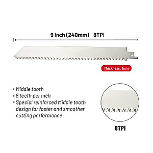 ZUZZEE 9inch 8TPI Unpainted Stainless Steel Reciprocating Saw Blade for Frozen Meat Bone Cutting Wood Pruning (5 Pack)