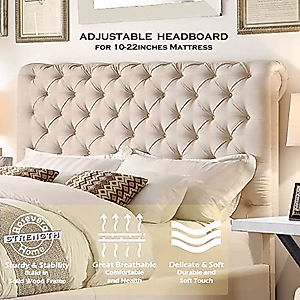Rosevera Atherine Upholstered Bed Frame/Fabric Upholstered Bed Frame with Adjustable Headboard/Chesterfield-Styled/Rolled Head/Wood Slat Support/Easy Assembly,King,Natural Beige