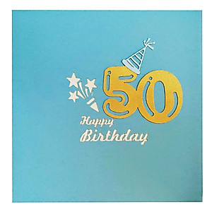 iGifts And Cards Happy 50th Blue Birthday Party Box 3D Pop Up Greeting Card – Fifty, Awesome, Balloons, Presents, Unique, Congrats, Celebration, Feliz Cumpleaños, Fun
