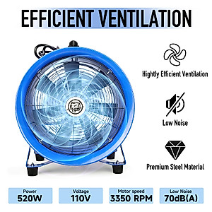 520W/12inches Utility Blower,3350 r/min High Velocity Low Noise Portable Ventilator Exhaust Fan with 33ft PVC Flexible Duct Hose, Heavy Duty Cylinder Fan for Home,Workplace Fume Exhaust & Ventilation
