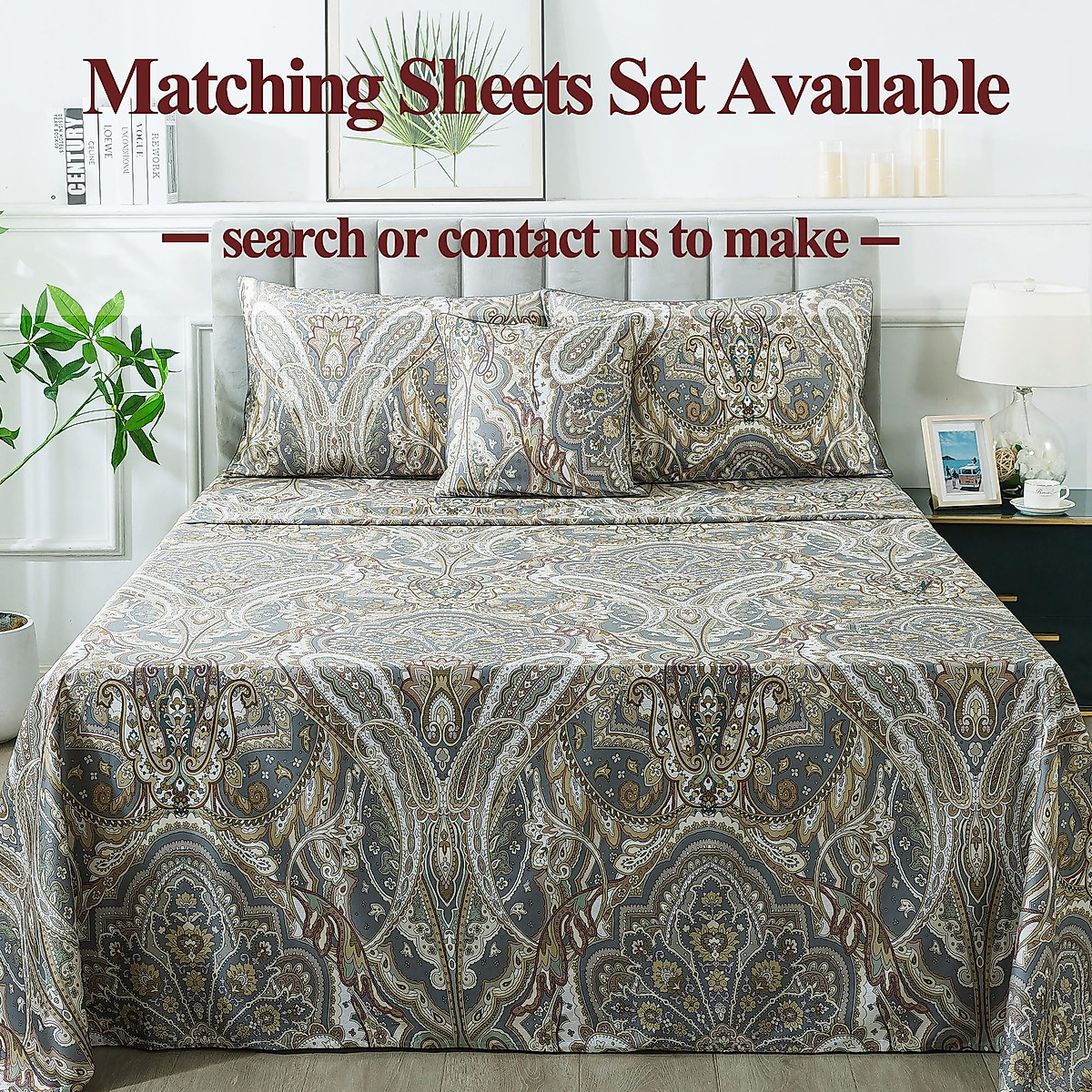 FADFAY Paisley Duvet Cover Set Queen Classic Boho Paisley Bedding Exotic Bohemian Paisley Quilt Cover 800 Thread Count 100% Egyptian Cotton Comforter Cover with Hidden Zipper Closure 3Pcs, Queen Size