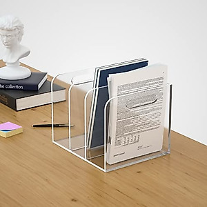 Dingelex Acrylic Magazine File Holder with Handle, Clear 3 Compartment Rack Holds Folders,Magazines,Notebooks,Binders,Envelopes and Electronic Devices, 8.5"x7.2''x6.5''