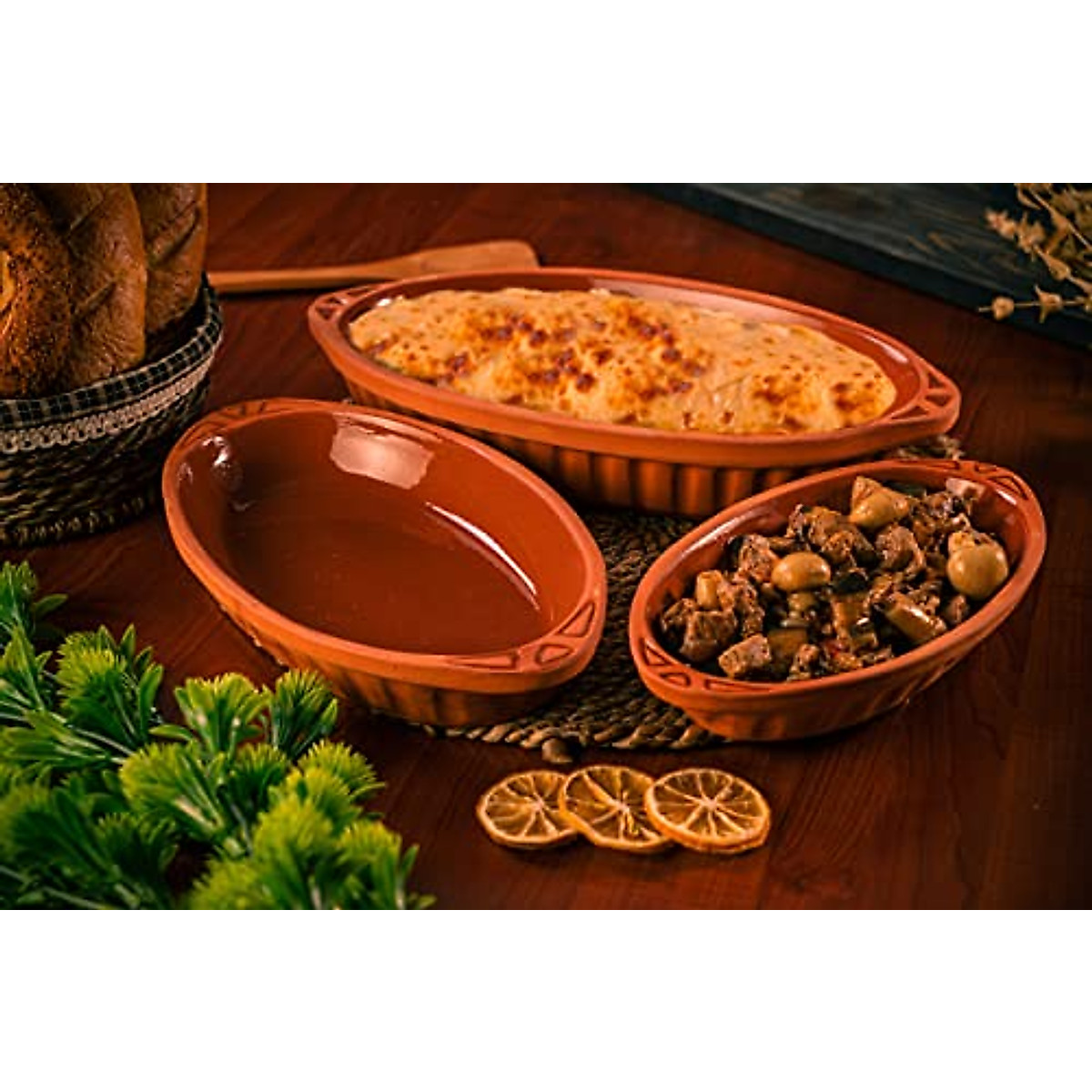 Luksyol Terracotta Oval Oven Tray (WH) With Handles, Pan for Mexican Indian Korean Dishes, Handmade Cookware, Glazed Clay Pot For Oven, Clay Pot For Cooking, Clay Pan For Cooking, Brown Oven Pot Set 3 Pcs