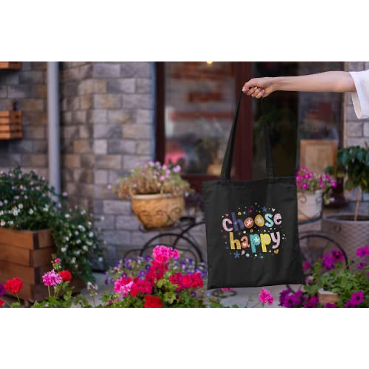 CurryFerry Cute Canvas Tote Bag for Women - Teacher Tote Bag - Inspirational Gifts for Teacher - Black Tote Bag - Reusable Shopping Bags for Grocery Utility Teacher College Work (Choose Happy)