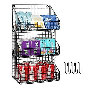 X-cosrack 3 Tier Stackable Tea Bag Organizer Large Size with 5 Hooks Metal Wire Basket Coffee Snack Rack Holder Countertop Caddy Bin Wall Mount Shelf for Office Kitchen Cabinet Pantry Patent Desgin, 11.8x7.8x22 inch