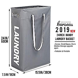 Cloth Clothes Basket, Caroeas 24" Handy Hanging Laundry Basket Tall & Slim Hamper Waterproof Laundry Bag Collapsible Travel Laundry Bag with Breathable Mesh Cover & Soft Handle Laundry Hamper (Grey1)