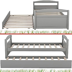 Anwickmak Wooden Twin Daybed with Trundle, Trundle Bed Twin, Modern Platform Day Beds Frames for Kids,Teens,Boys,Girls,Solid Wood Slat Support,Noiseless,No Box Spring Needed,Easy Assemble (Grey)