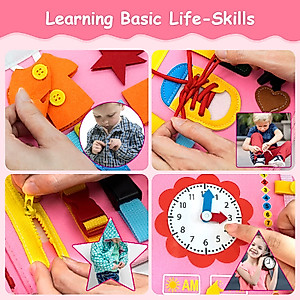 Busy Board Montessori Toys for Toddlers,25 in 1 Preschool Educational Activities Developing Sensory Basic Life-Skills Learning Self-dressing Puzzle Toys for Infants, 3-5 Year Old Boys Girls (Pink)