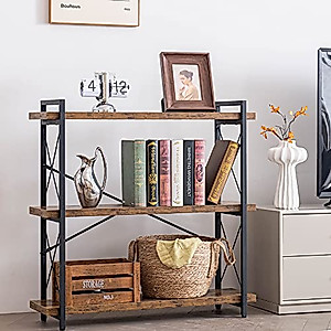 HCHQHS Bookshelf, 3-Tier Industrial Bookcase, Rustic Open Book Shelf, Wood and Metal Horizontal Bookshelves