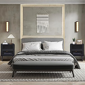 PHOYAL Nightstand Set of 2, End Side Table Modern Farmhouse Nightstand Modern Wood Accent Side Table Night Stands, Nightstand with Storage Drawer for Bedroom Living Room 2-Pack, Black - 2