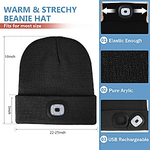 Deilin Beanie with Light, Guy Gifts, LED Beanie Hat with Light Rechargable Flashlight Hat Headlamp Beanie(Black