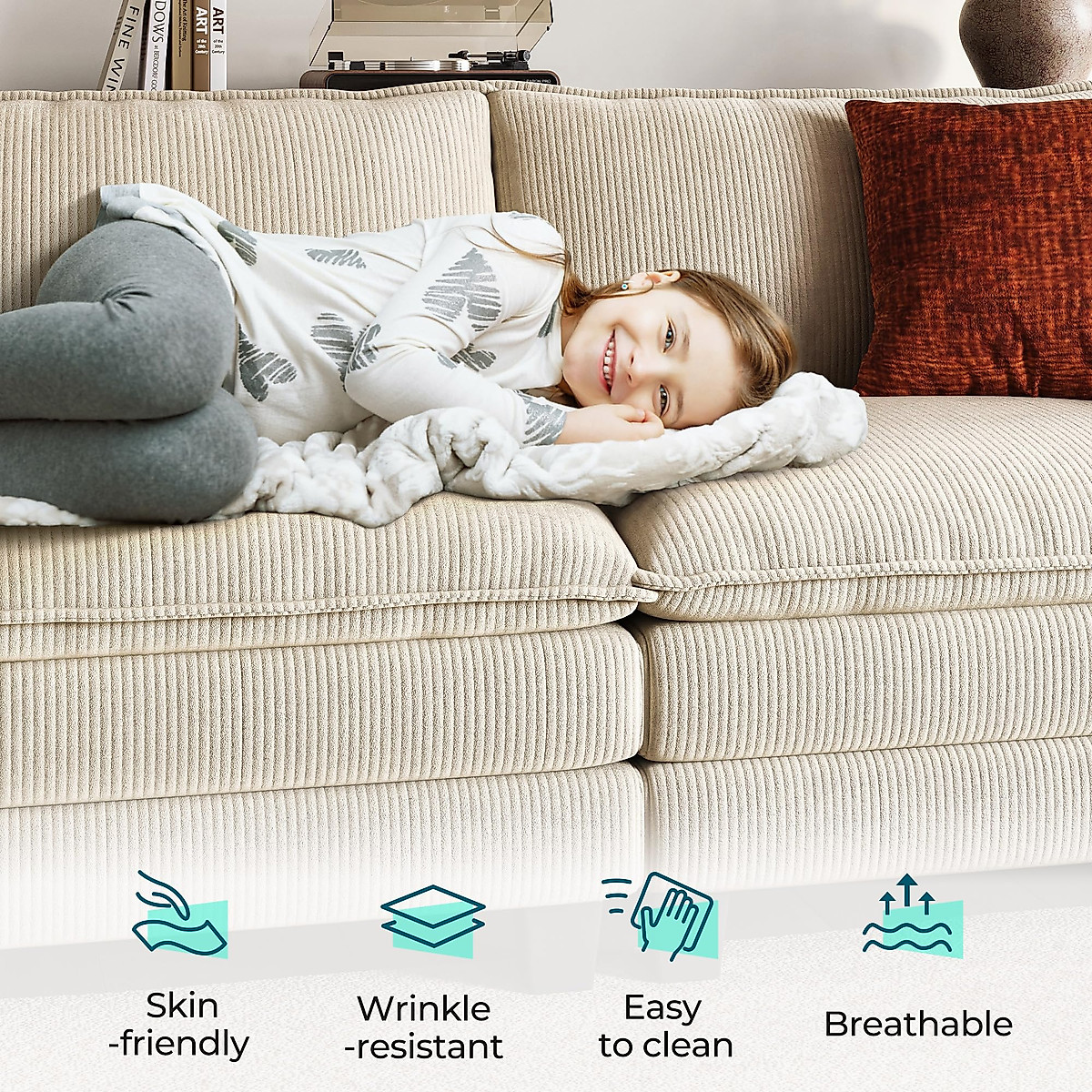 LINSY HOME Sofa Chair with Movable Ottoman - Corduroy Cloud Couch Chair Soft Comfy Modern Sofa Chaise Set Single Sleeper Chair Bed for Living Room Apartment Office (Beige, 1-Seat & 1-Ottoman)