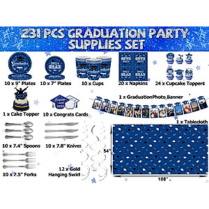 Graduation Decorations Class Of 2024, 231PCS Party Decorations, Graduation Decorations with Backdrop balloons Paper Plate Cup Napkin Cutlery Tablecloth Balloon Garland (Blue and Silver)