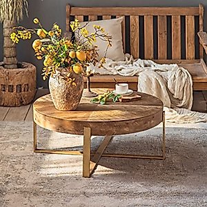 DS-HOMEPORT Round Wood Coffee Table for Living Room, Mid Century Modern Farmhouse Round Coffee Table with Gold Metal Legs, 32.28" D x 32.28" W x 13.19" H
