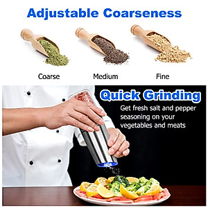 Salt and Pepper Grinder Electric Gravity Grinder, Refillable Automatic One-Hand Operated Pepper and Salt Mill Set with Adjustable Coarseness and LED light, Battery-Operated 2 Pack