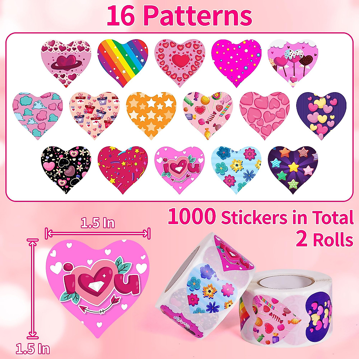 Fun Little Toys 1000PCS Valentine Heart Stickers for Kids, 1.5in Valentine's Day Colorful Red Love Decorative Decals Labels Art Craft Cards Envelopes Wedding Party Decorations Supplies