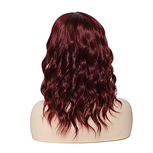 Red Burgundy Short Wavy Wigs with Bangs for Women, Wine Red Curly Shoulder Length, Bob Wigs for Women, Heat Resistant Fiber Natural Wigs for Daily Using