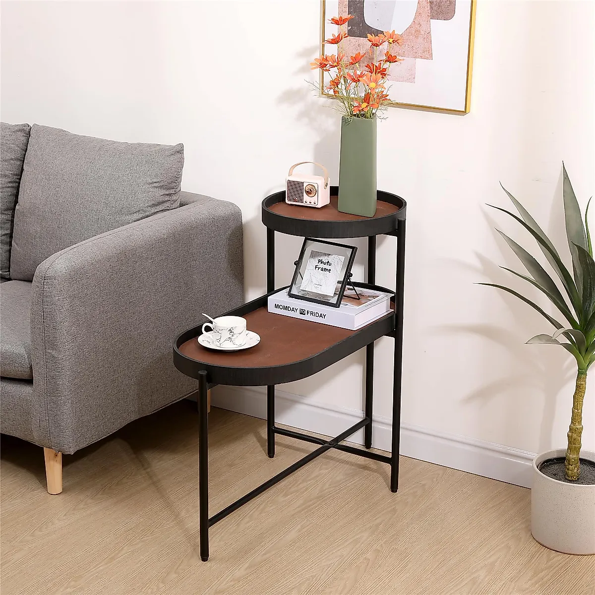 Modern 2-Tier Side Table Black Metal Frame with Wood & PU Tray End Tables Sofa Table for Living Room, Bedroom, Sofa Couch, Hall