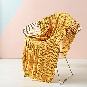 Simple&Opulence 100% Cotton Throw Blanket for Couch, Bed, Waffle Weave Knit Blanket with Tassels, Soft Lightweight Pre-Washed Breathable Cozy Blanket Farmhouse Decoration for All-Season (Gold Yellow)