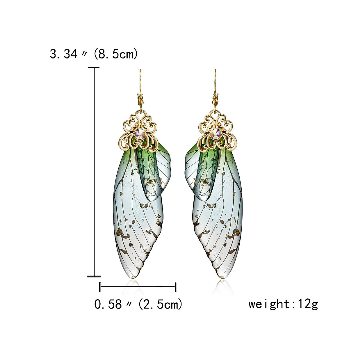 BELLA-Bee Butterfly Wing Drop Dangle Earrings Gold Plated Crystal Rhinestone for women wedding Jewelry (Green)…
