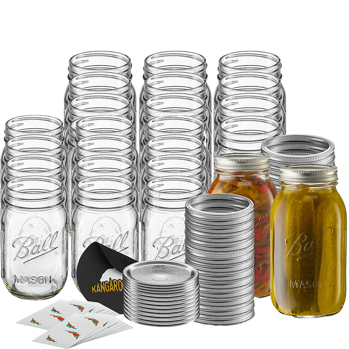 KanBandz Ball Regular Mouth 16-Ounces Mason Jar with Lids and Bands (24-Units), 24-Pack, AS SHOWN Bundled Non-Slip Jar Opener And Pack Of Self Stick Jar Labels.
