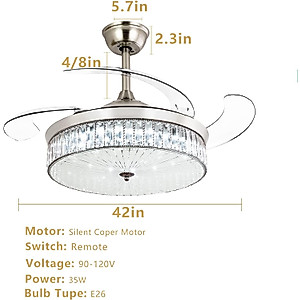 Ohniyou 42" Retractable Ceiling Fan with Light and Remote,Crystal Chandelier Ceiling Fan for Bedroom Living Room Indoor (Chrome Silver)