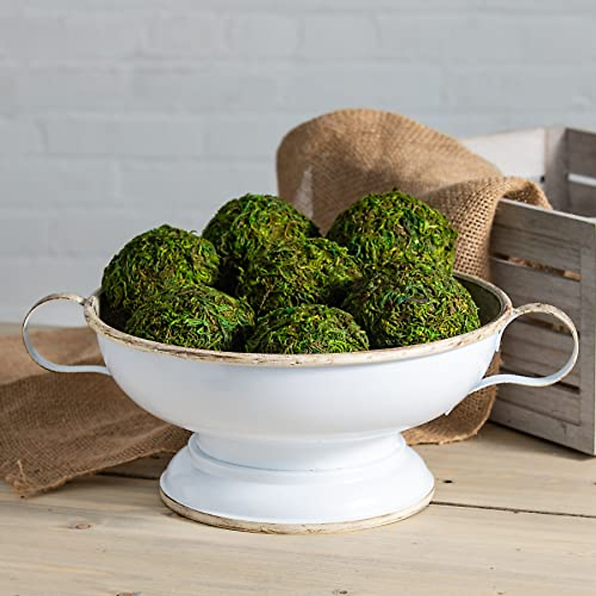 Ka Home Distressed Metal Bowl for Decorative Centerpiece, Table, Home Decor - Rustic White Large Footed Bowl with Handles - Farmhouse Kitchen Decor Accent