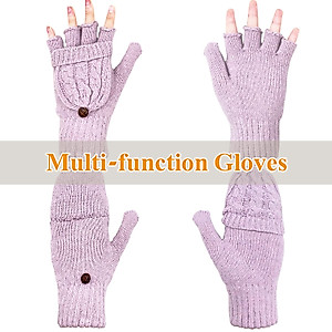 Beurlike Women's Winter Gloves Warm Wool Knitted Convertible Fingerless Mittens (Purple)