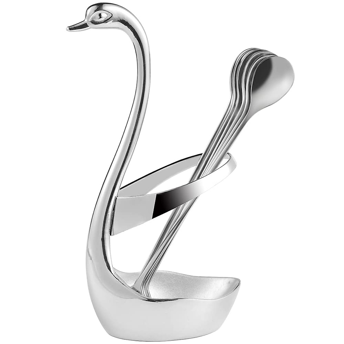 AnSaw Large Silver Swan Base Holder With 12 Pcs Silver Stainless Steel 7.4-Inch Leaf Coffee Spoons Set