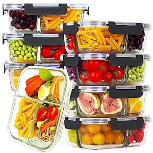 HOMBERKING 8 Pack Glass Meal Prep Containers 3 Compartment, 36oz Glass Food Storage Containers with Lids, Airtight Glass Lunch Bento Boxes, BPA-Free & Leak Proof (8 lids & 8 Containers) - Black