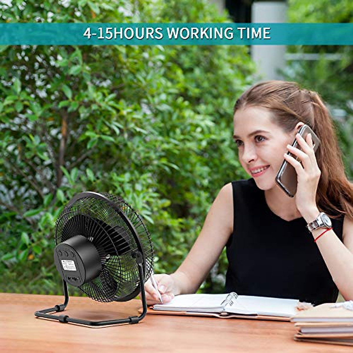 Battery Operated Desk Fan with Timer, 4 Speeds with Upgraded Strong Airflow, 9 Inch Rechargeable Table Fan for Home Camping Hurricane, Quiet & Portable, Fast Charging, 5200mAh, Metal Fan for Durable, Easy Cleaning, 360° Rotation